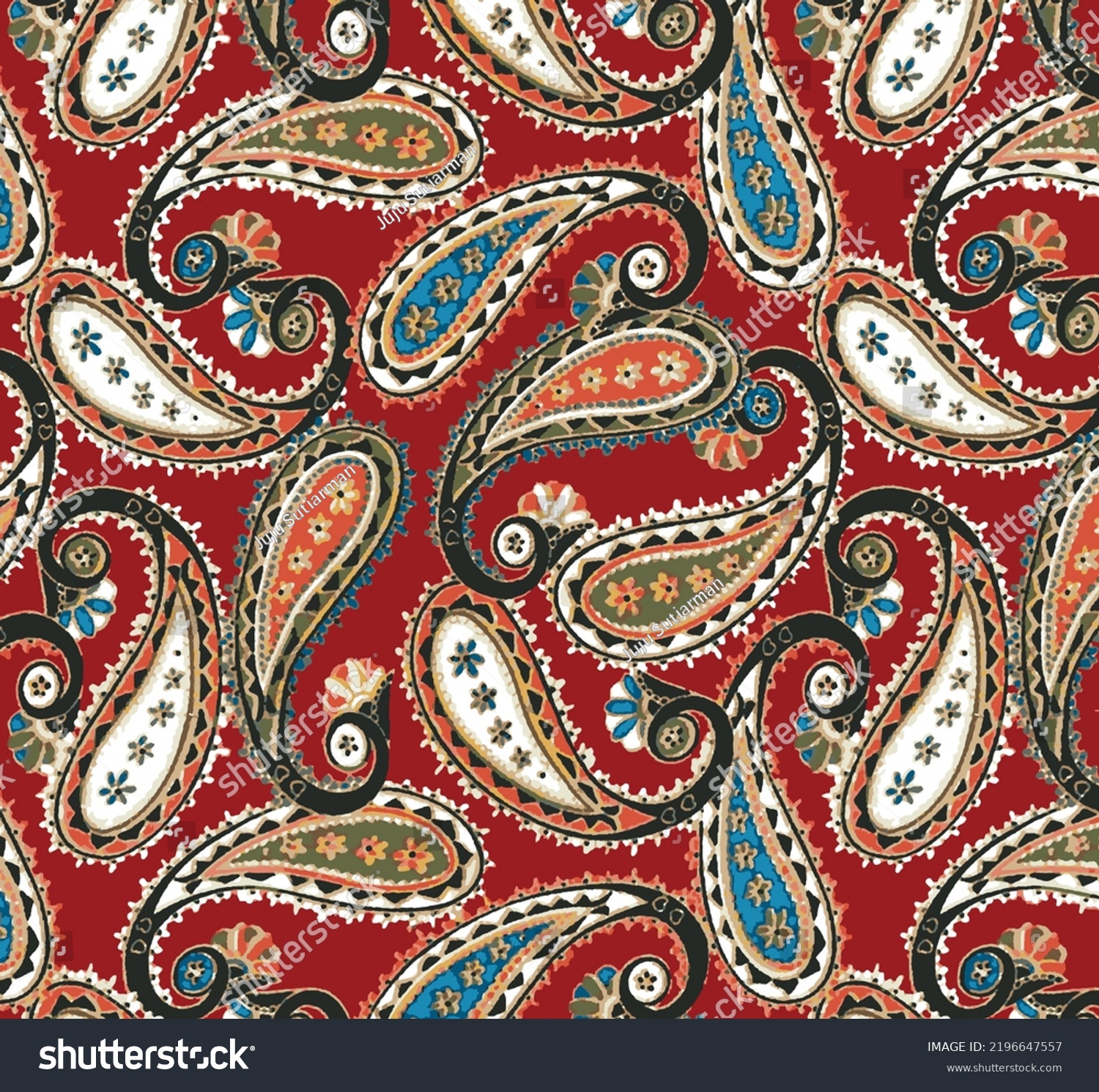 a solid abstract multicolor paisley motif arrangement with red color ...