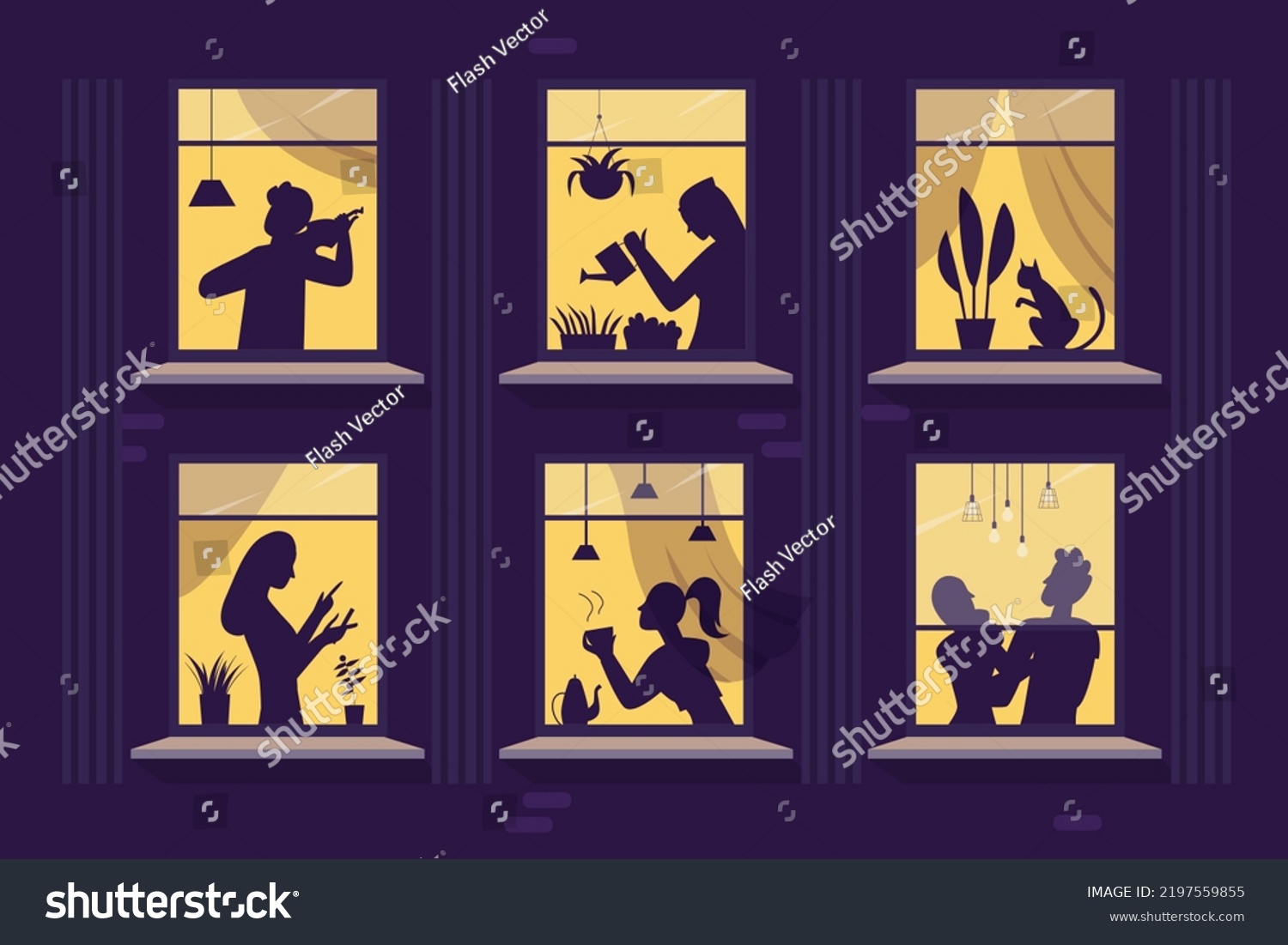 Shadows of people in windows of house at night vector illustration ...