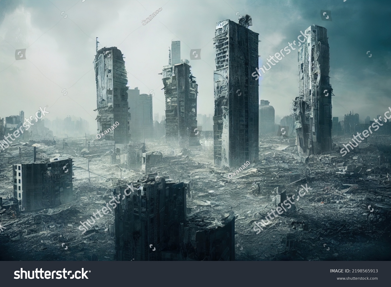 Post-apocalyptic military urban landscape dilapidated house frames ...