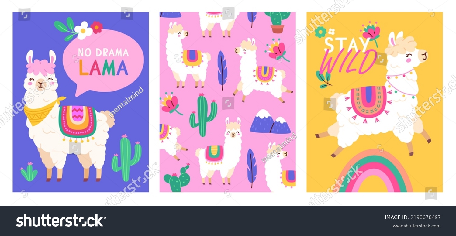 Set of bright posters with cute llamas. Banners with beautiful ...