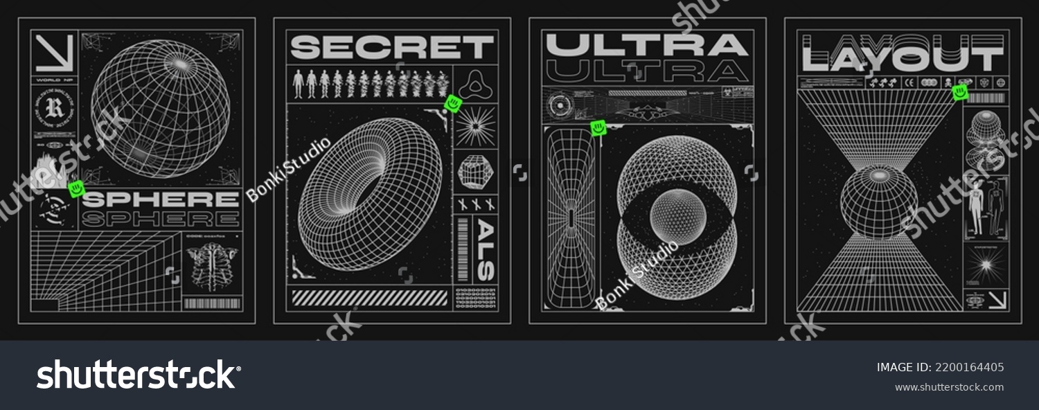 Retro futuristic posters with 3D wireframes of spheres and torus. With ...