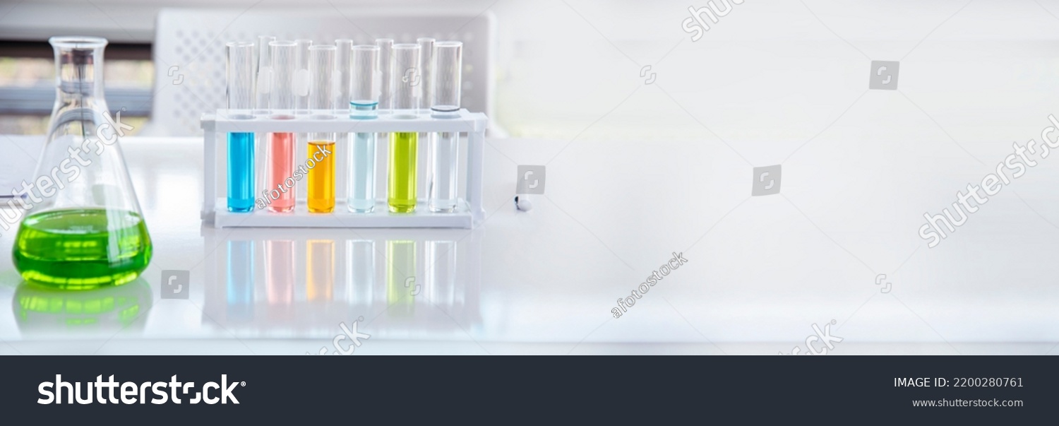 Banner Science chemistry glass tubes object on lab background. Wide ...