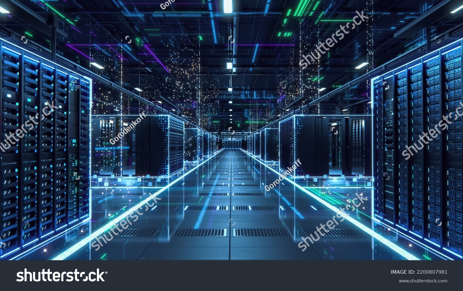 3D Render of Modern Data Technology Center Server Racks in Dark Room ...