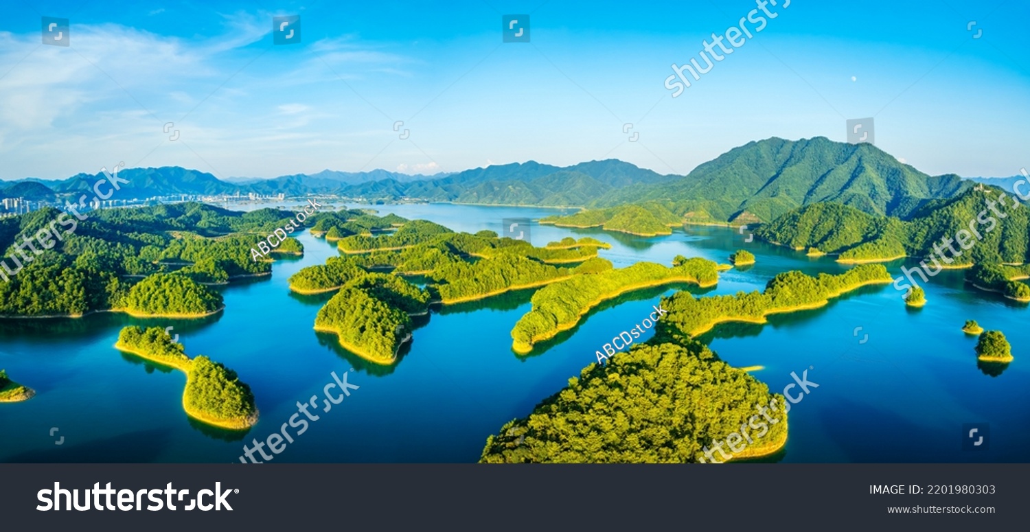 Aerial view of beautiful Thousand Island Lake natural scenery in summer ...