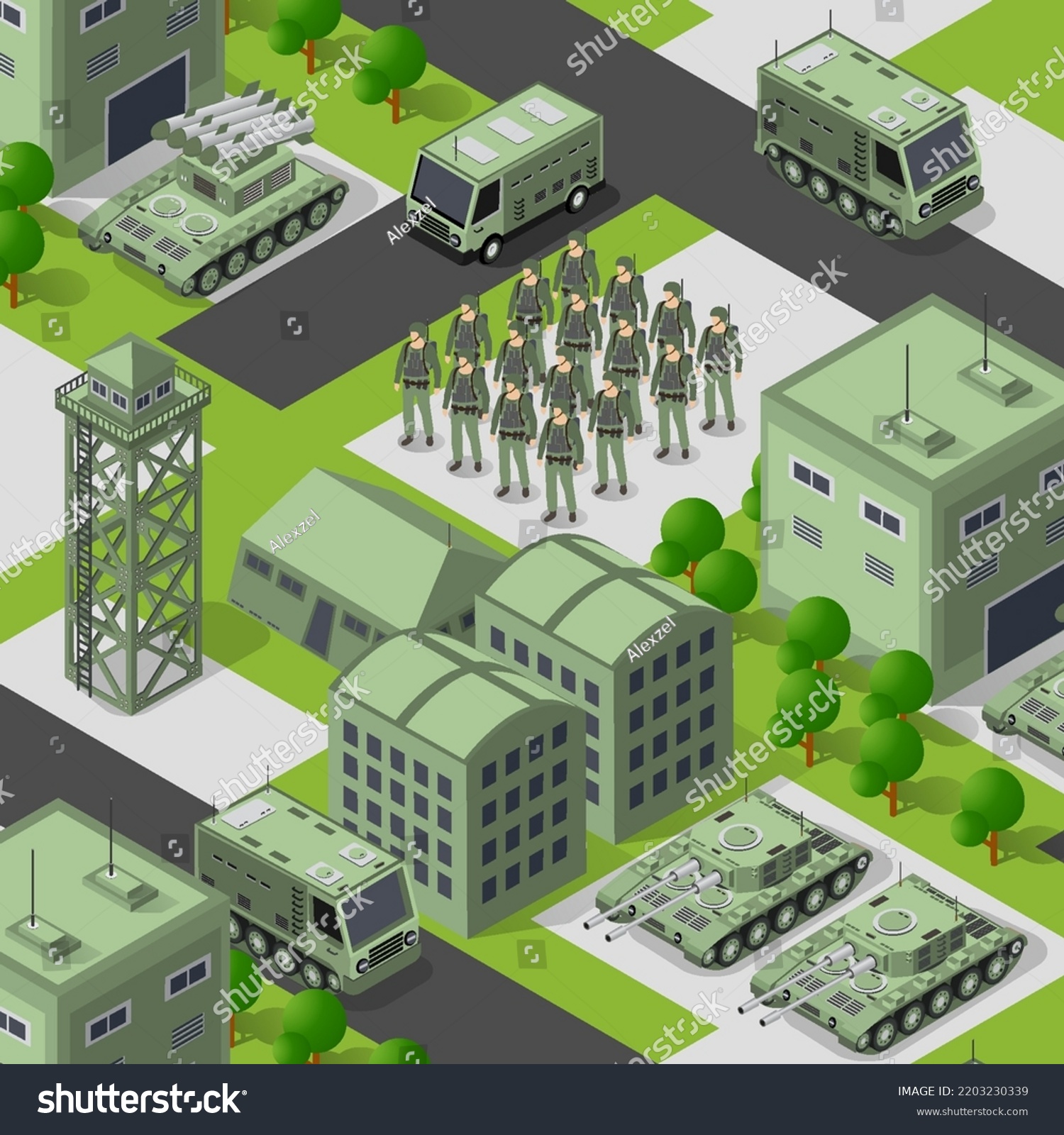 Background 3D illustration army armed troop isometric armed military transport objects and war ...