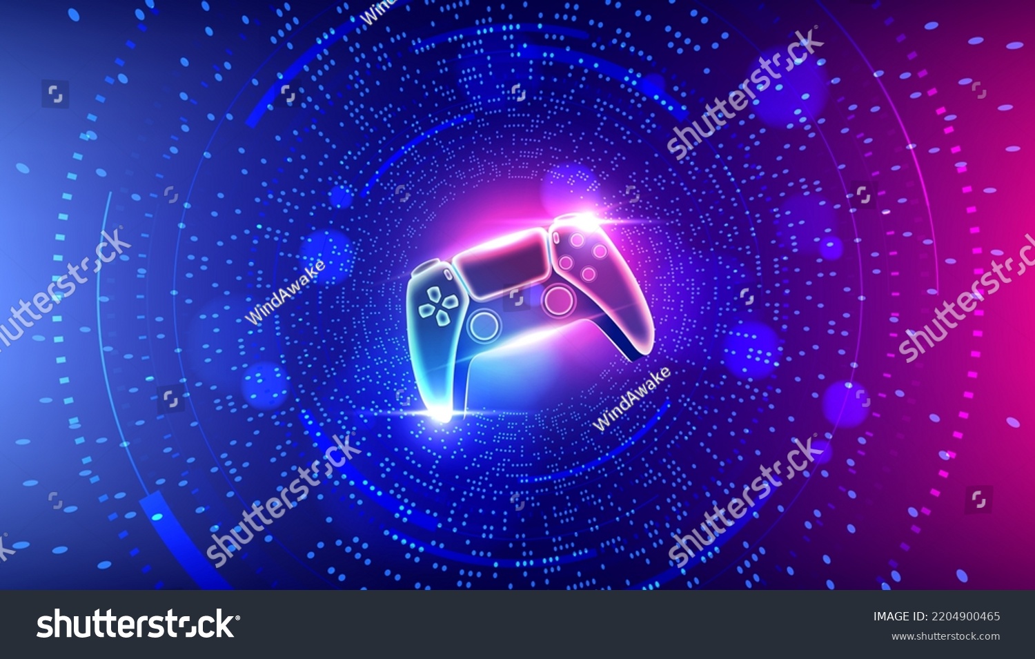Neon game controller or joystick for game console in the center perspective tunnel virtual cyber ...