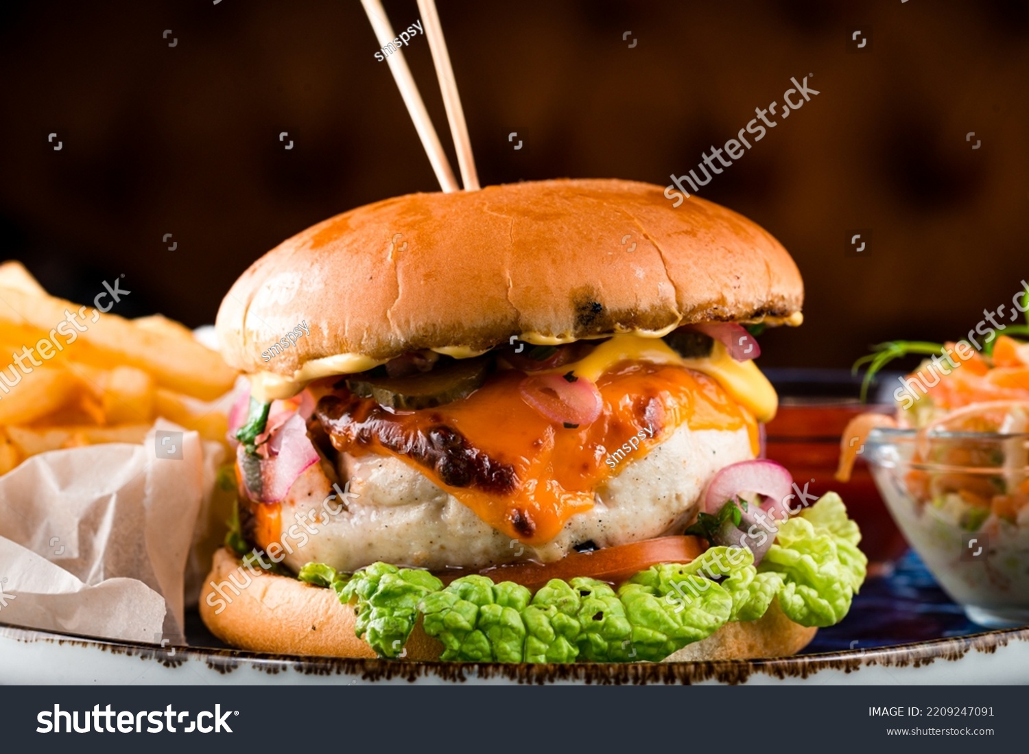 Classic burger set with potatoes and sauce Set of burgers with french ...