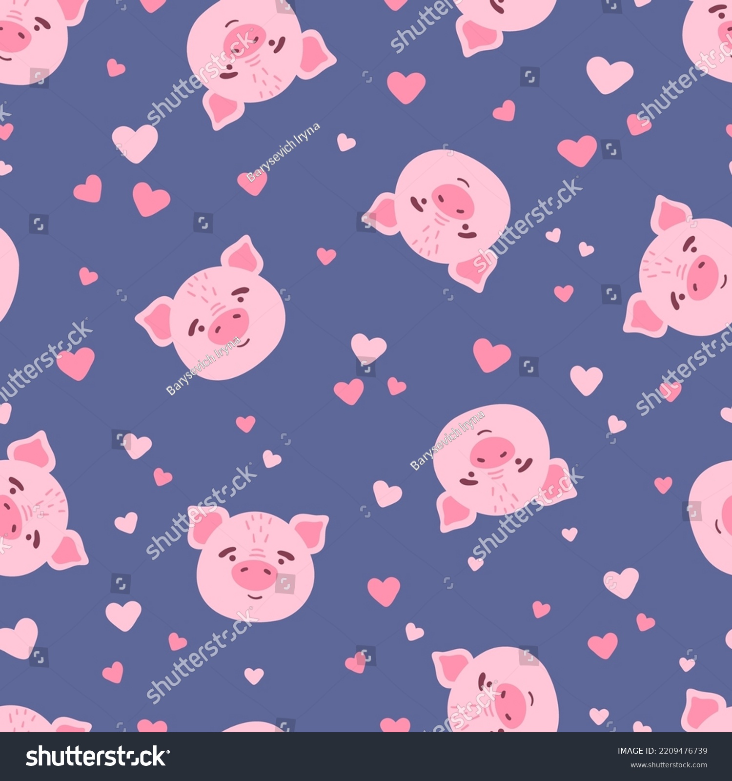 Cute kawaii pink pig face head and hearts vector seamless pattern. Farm animal flat cartoon ...