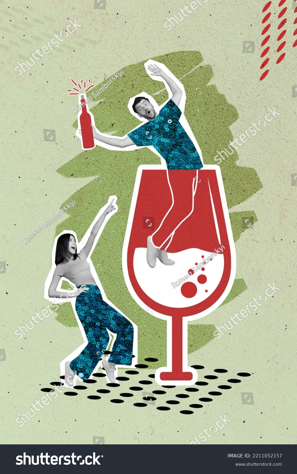 Collage photo of young couple dancing drunk alcohol party opening new restaurant discohall ...