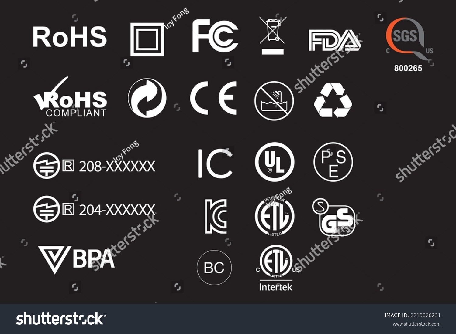 Label icons for international packaging information FCC FDA CE RoHS BPA ...