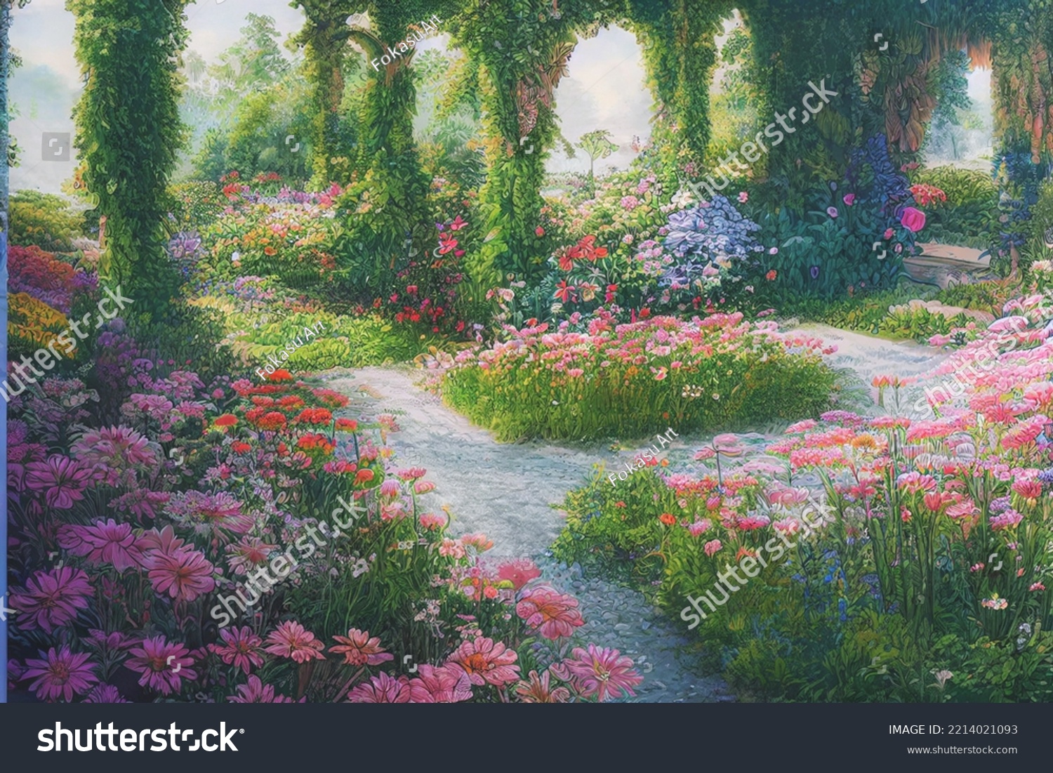 Park along the spring path through a lovely garden landscape. Floral ...
