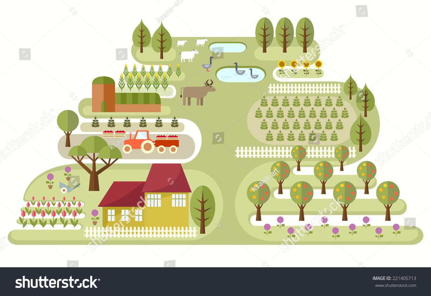 Illustration of abstract map of small farm with various plants and ...