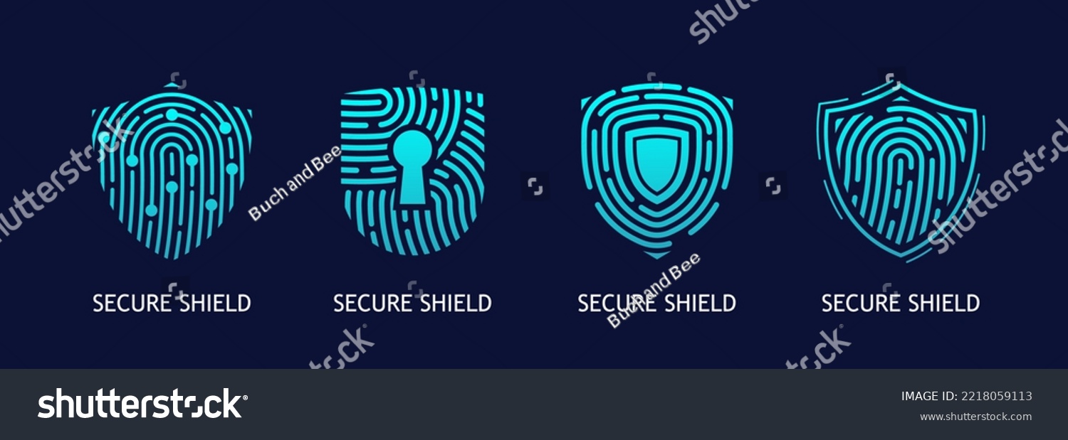 Secure shield fingerprint and lock vector icons. Digital technologies ...