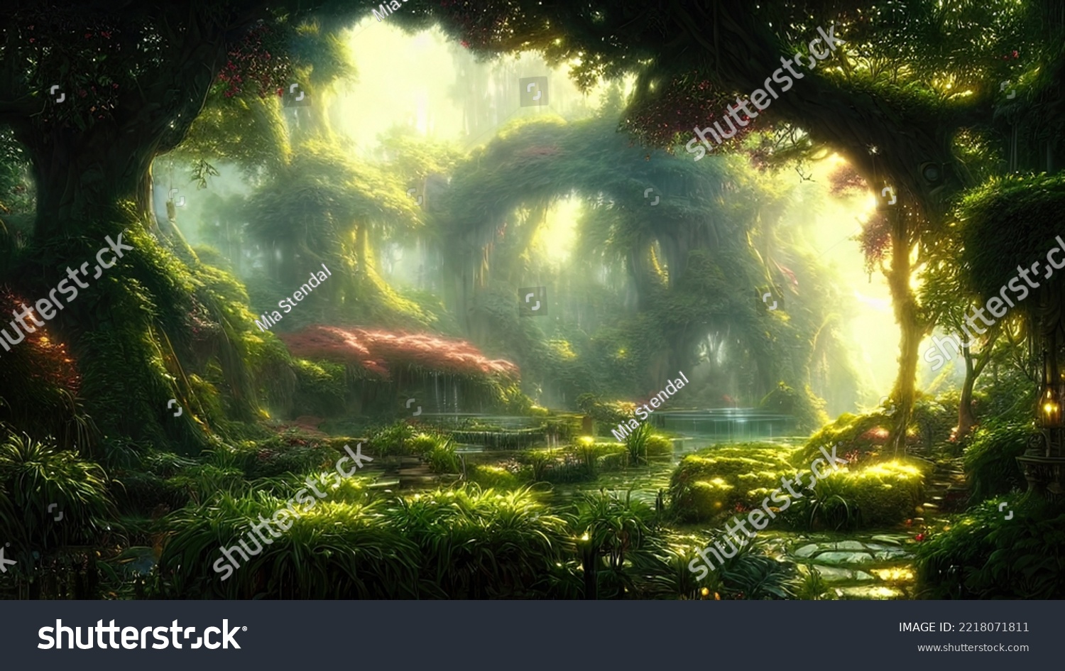 Garden of Eden exotic fairytale fantasy forest Green oasis. Unreal fantasy landscape with trees ...