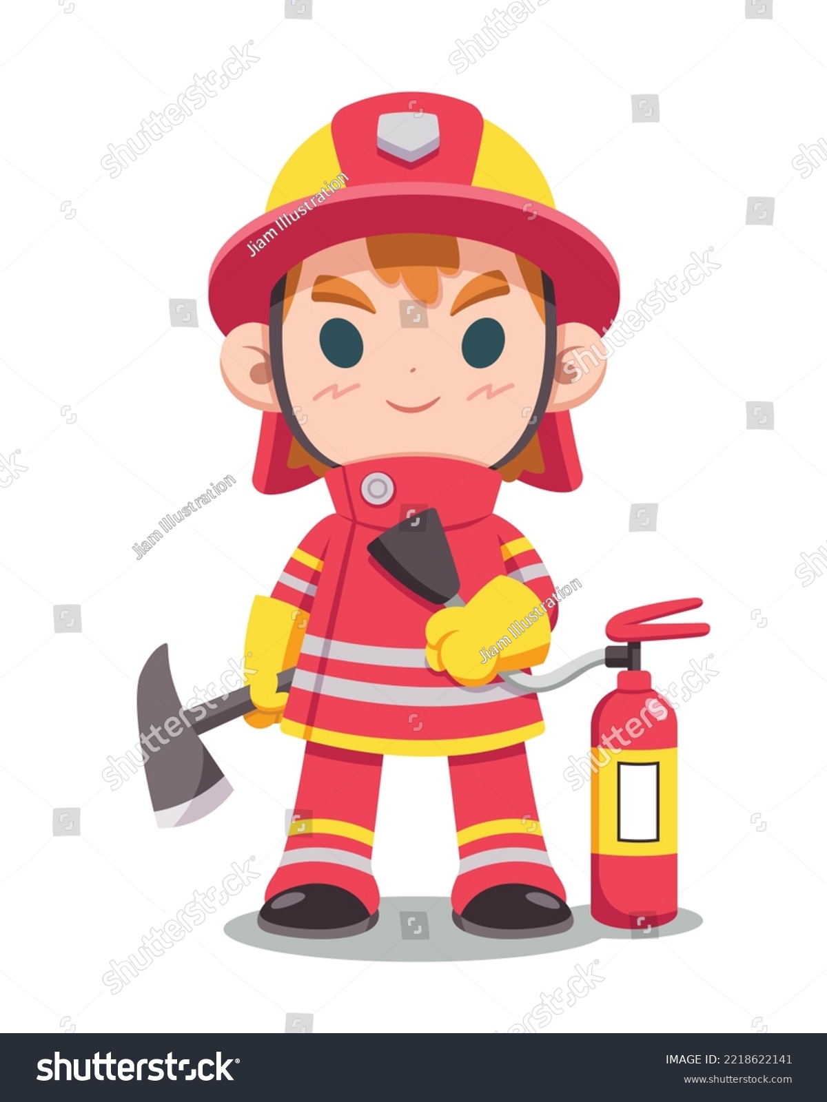 Cute style fire fighter with axe and extinguisher cartoon illustration_站酷海洛_正版图片_视频_字体_音乐素材交易平台 ...