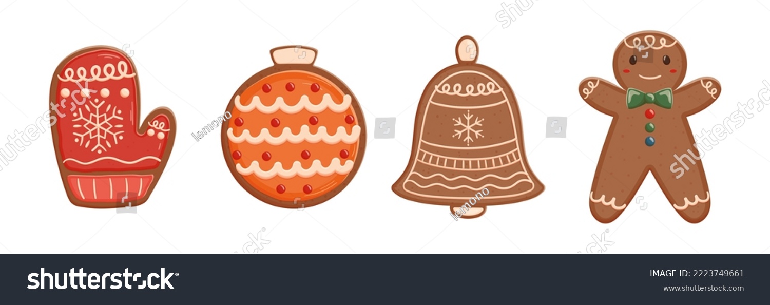 Set of Christmas Cookies Gingerbread Man Mitten and Ball with Icing ...