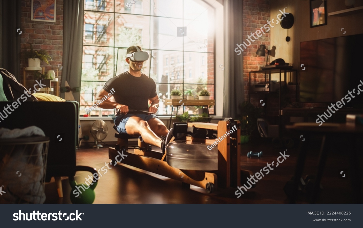 Futuristic Metaverse Home Gym: Strong Athletic Black Man Exercising on ...