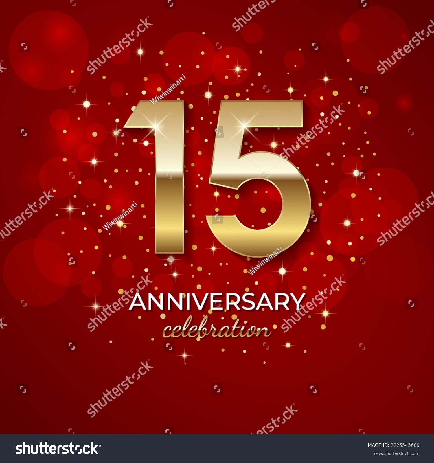 15th Anniversary. Golden number 15 with sparkling confetti and glitters ...