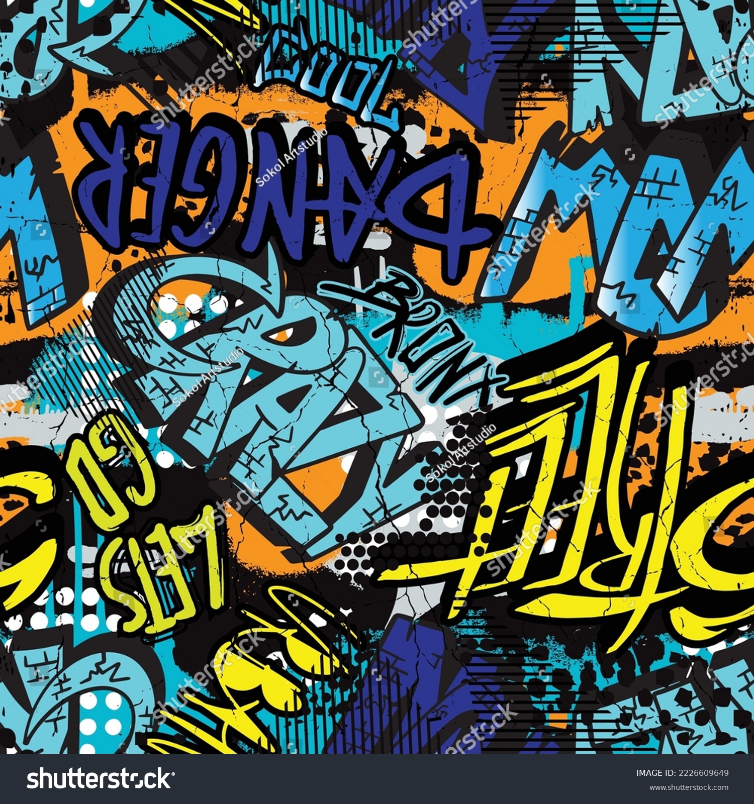 Abstract bright graffiti pattern. With bricks paint drips words in ...