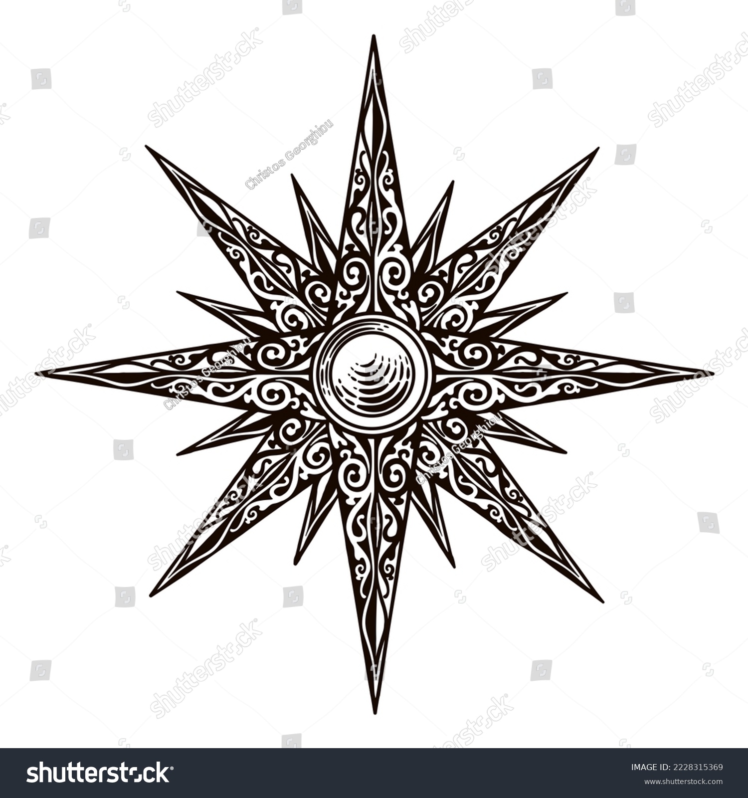Star sun or compass rose. An original illustration in an old vintage ...