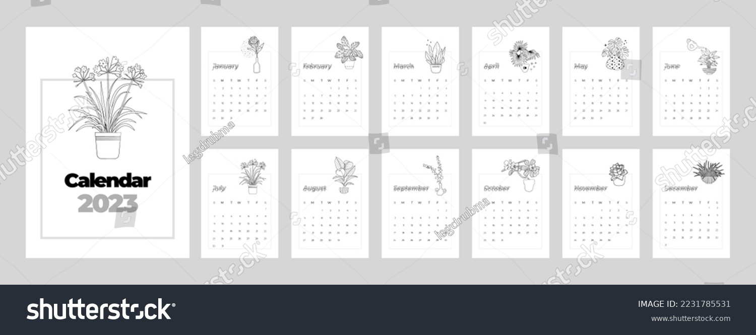 Boho floral calendar for 2023 year. Line art houseplants. Monthly ...