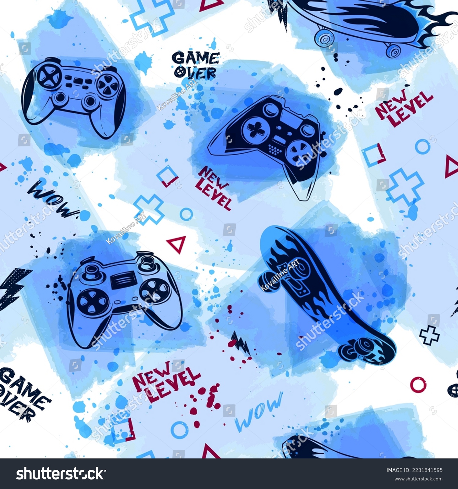 Abstract seamless pattern with gamepads and skateboards on watercolor ...