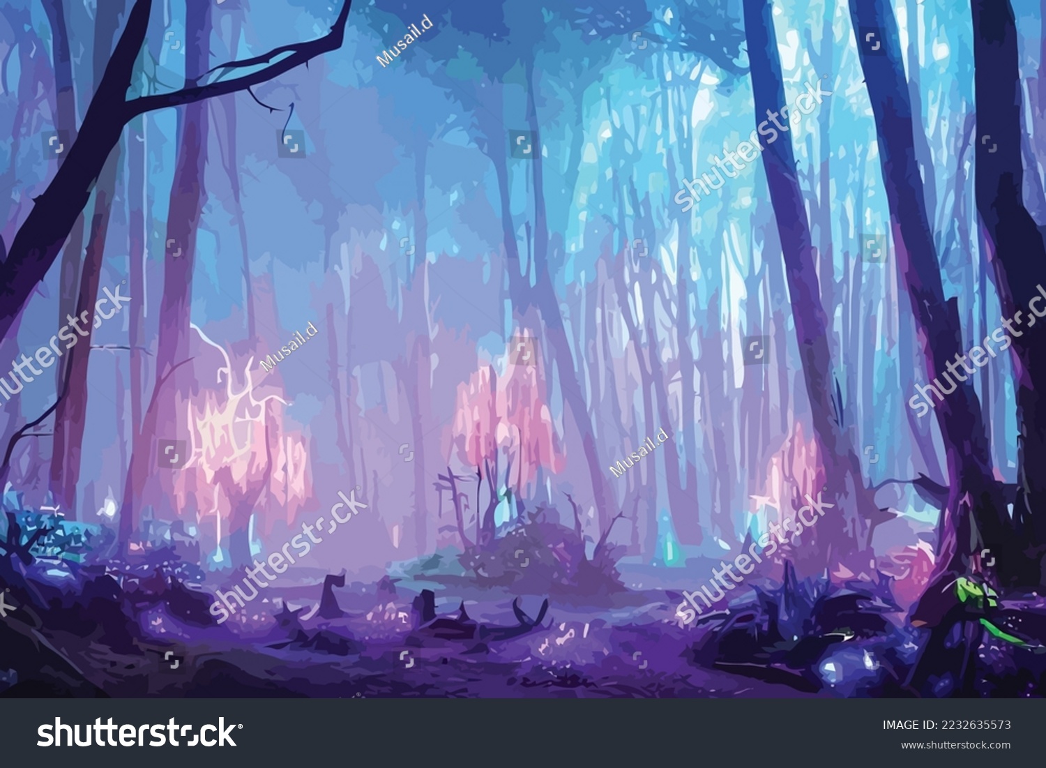 Mystical fantasy scene in forest with glowing blue purple and violet ...