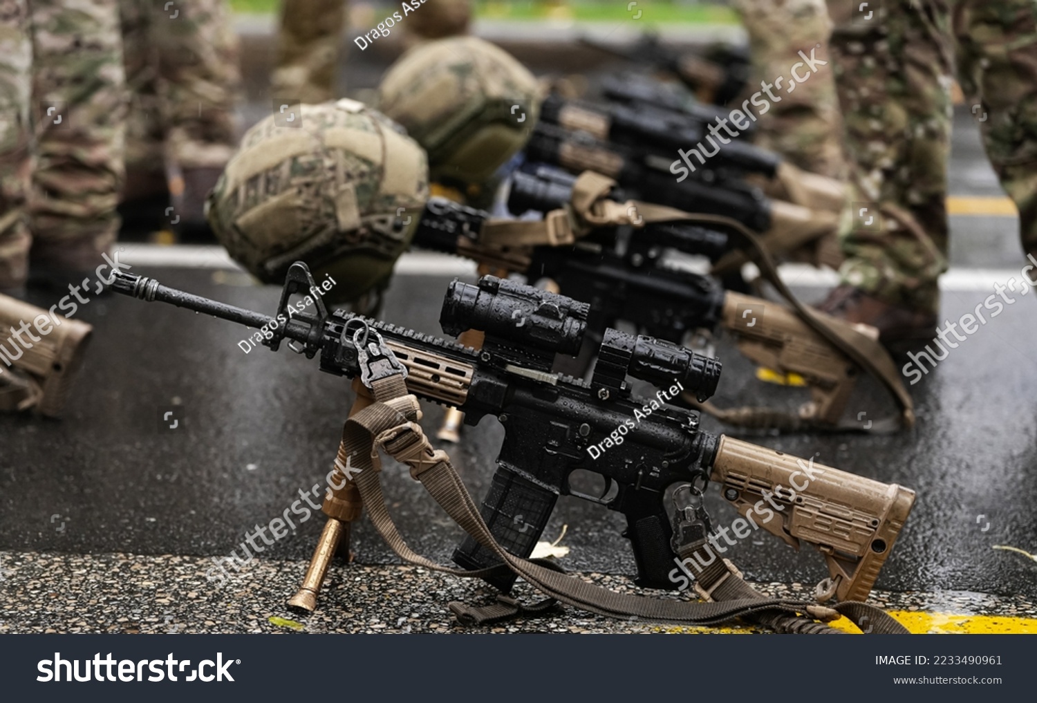 Military equipment concept image. Close up view of a sniper machine gun ...