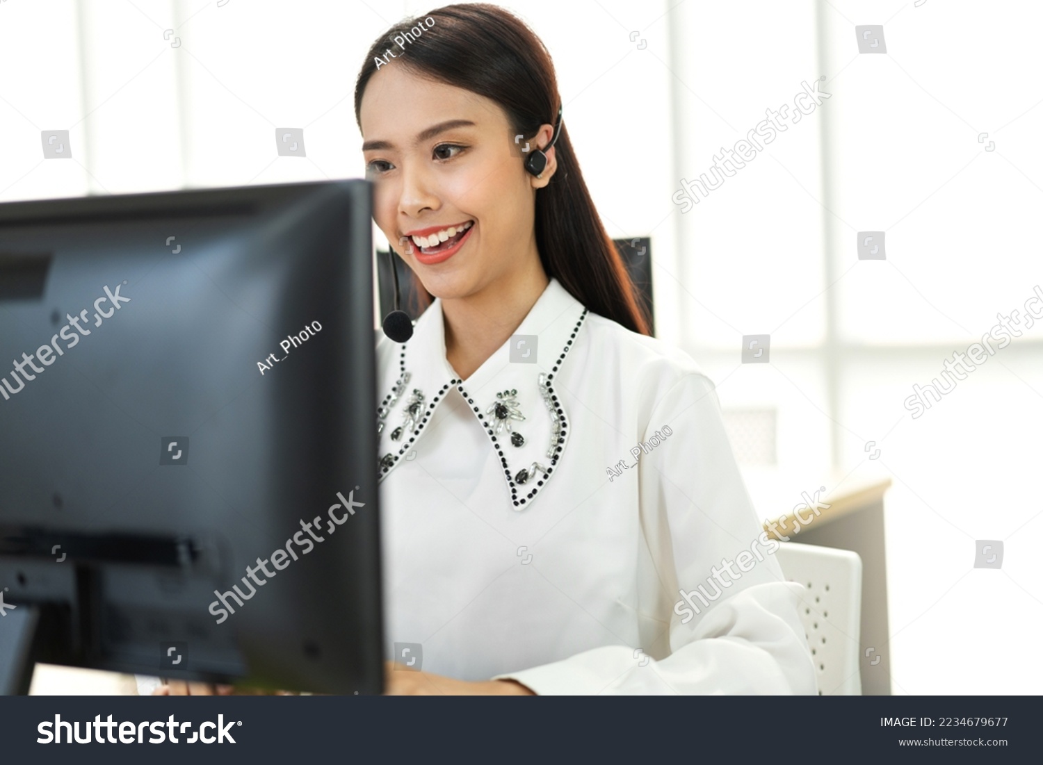 Happy call center smiling business operator customer help support team ...