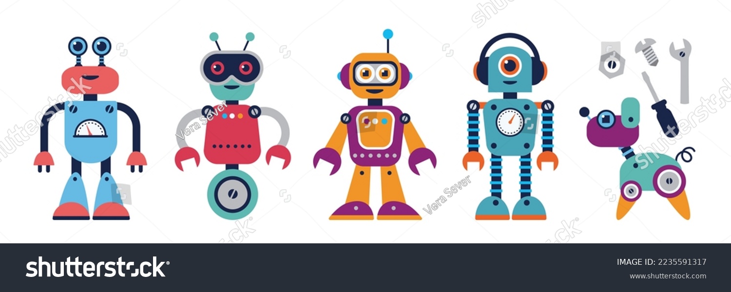 Set of cute cartoon childish robots in flat style. Colorful kid cyborgs ...
