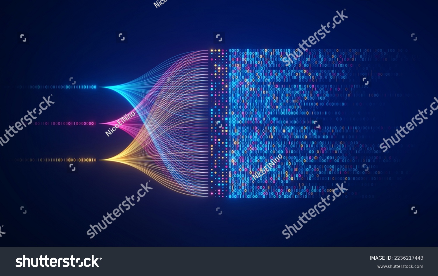 Big data technology and data science illustration. Data flow concept. Querying analysing ...