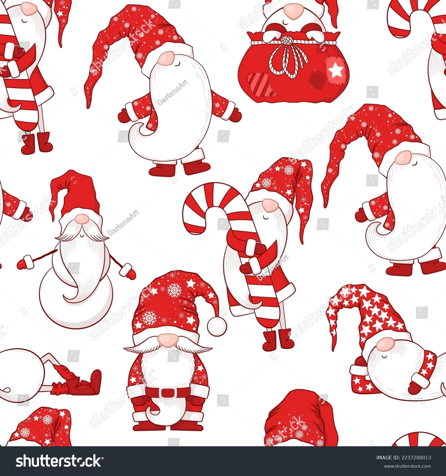 Merry Christmas Seamless vector pattern with cute hand drawn gnomes Christmas trees and ...