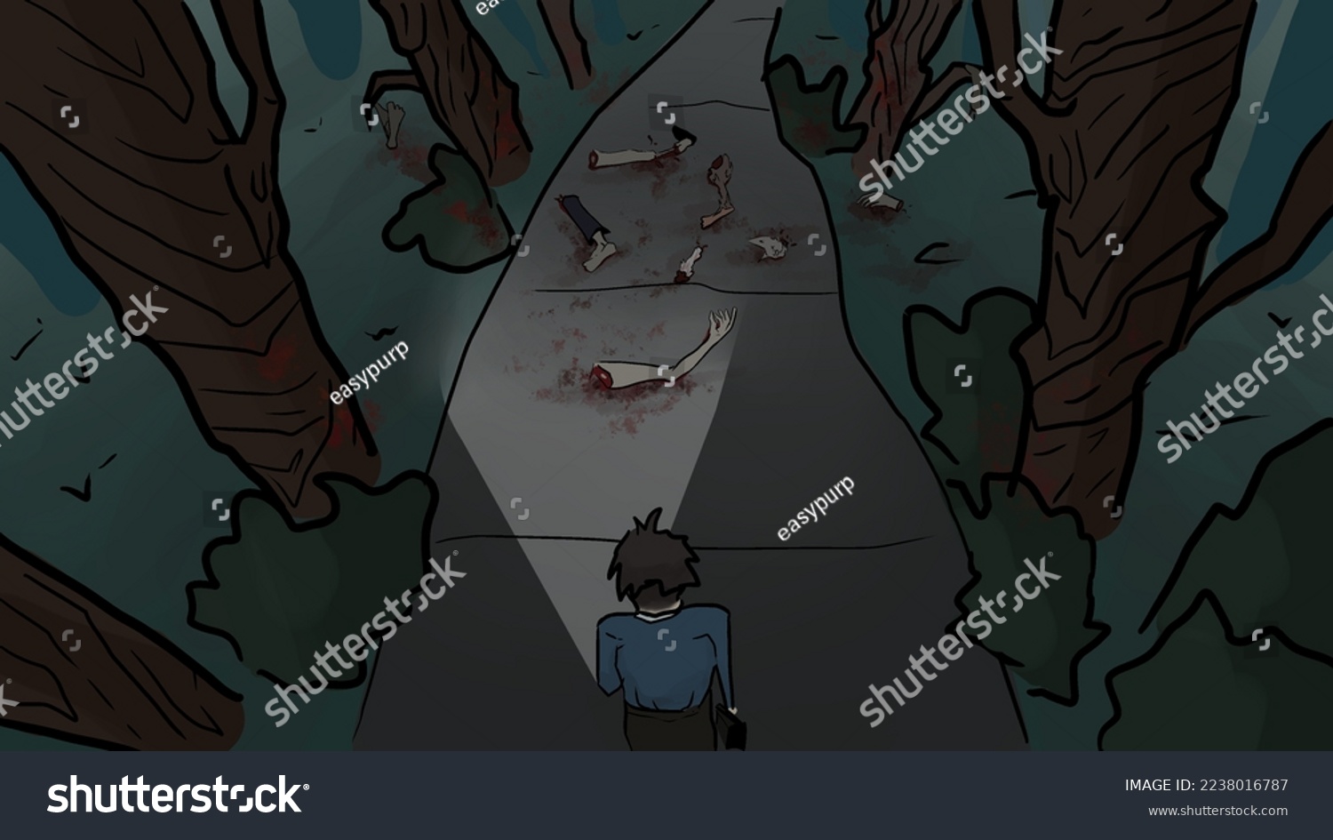 a man from the office walks home through a dark forest with a ...