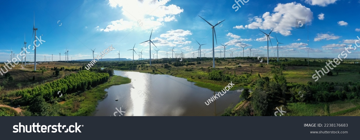 Aerial view of powerful Wind turbine farm for energy production on ...