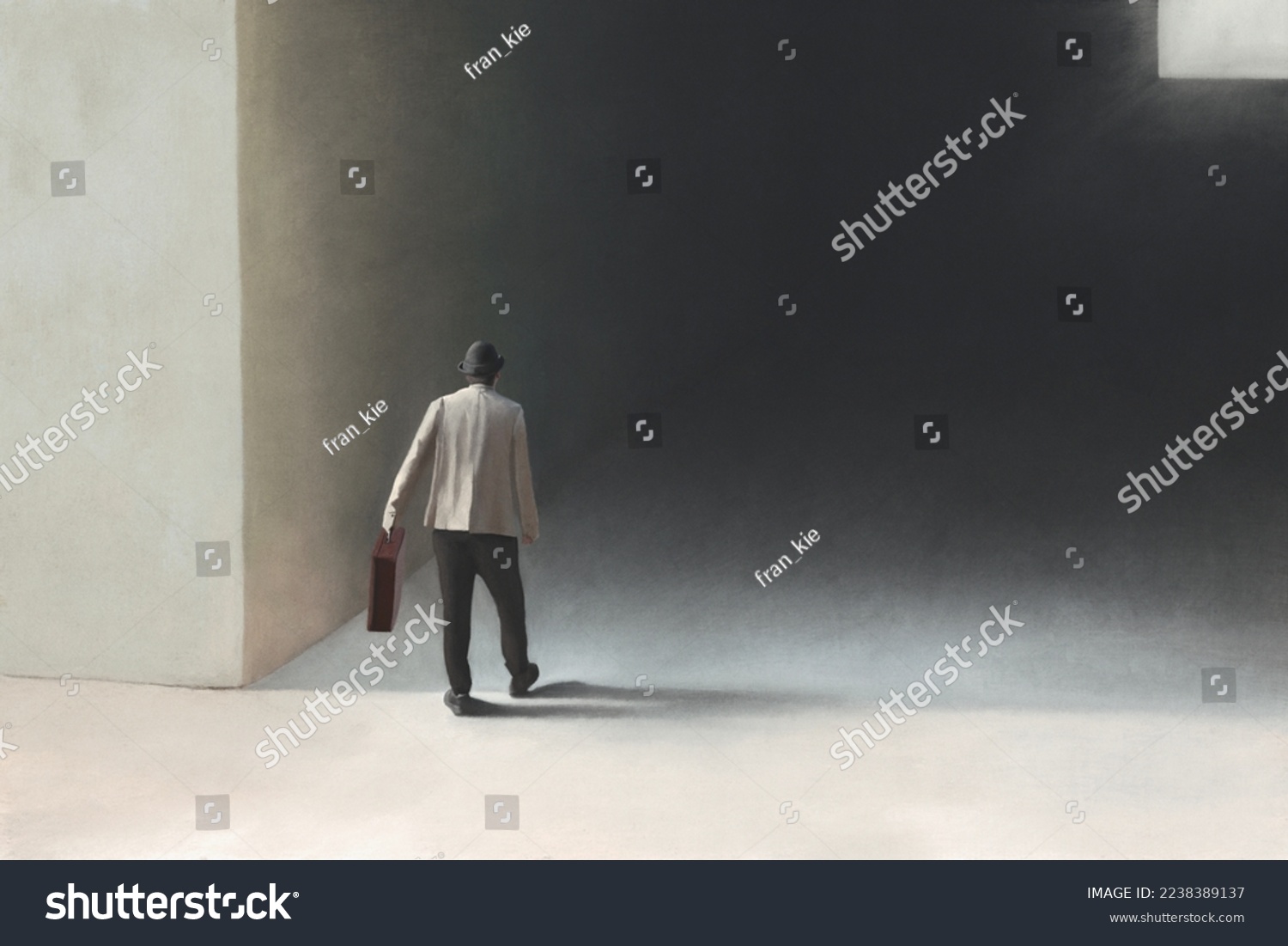 Illustration of man walking in the darkness toward the light surreal ...