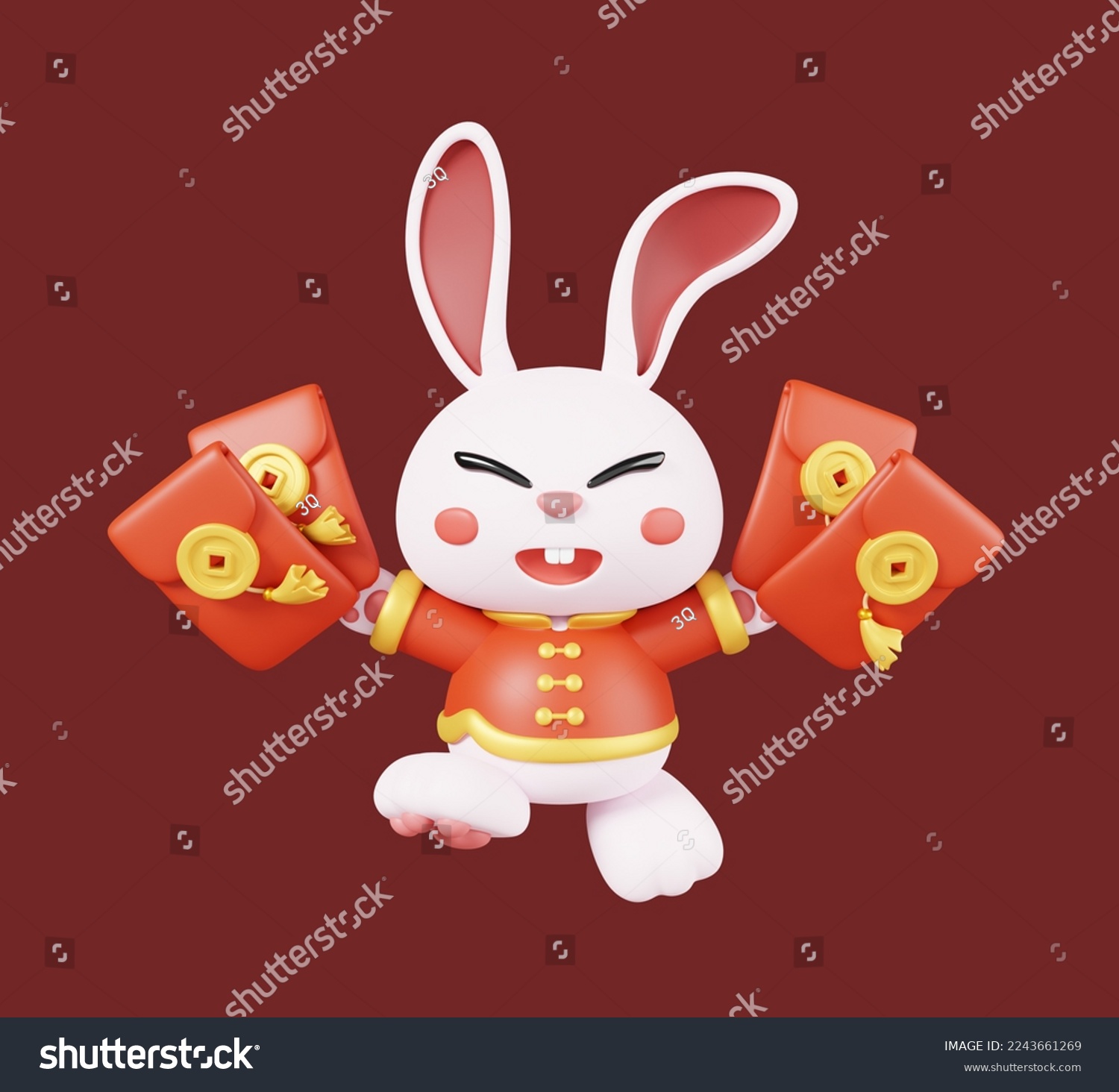 Rabbits in traditional clothing holding CNY red envelopes isolated on ...