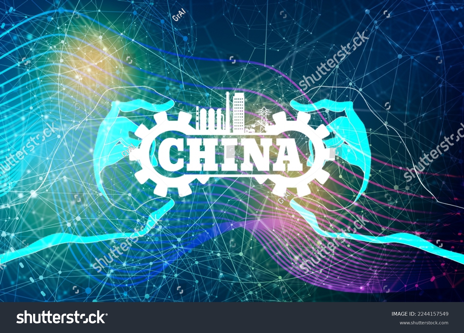 Hand holding China country name with energy generation power supply ...