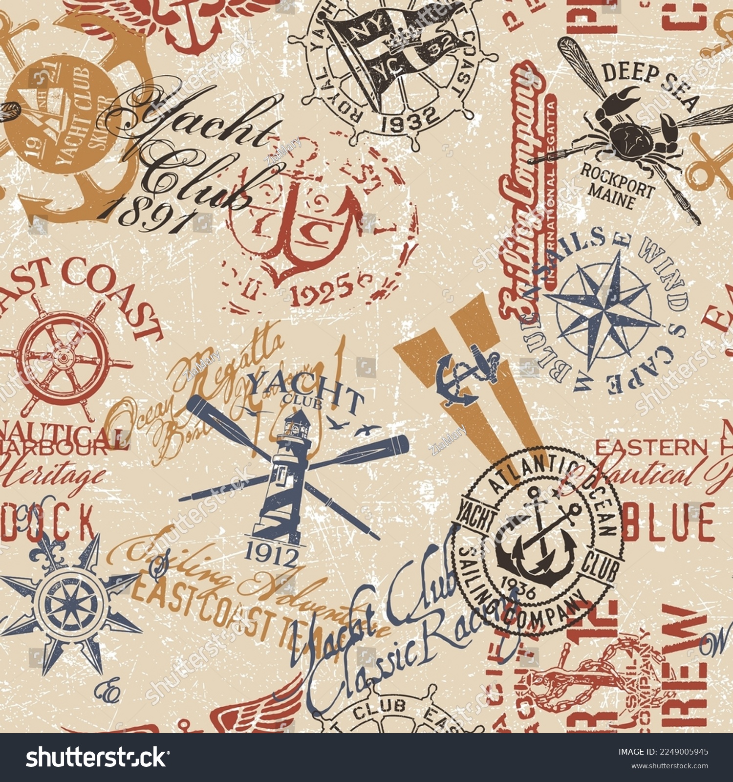 Vintage nautical style marine sailing elements patchwork grunge vector ...