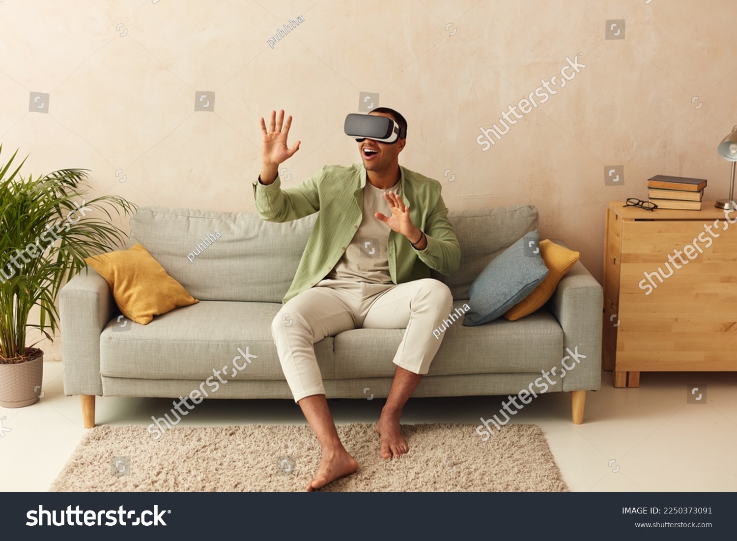 Excited Man VR Glasses. Young Guy Wearing Virtual Reality Device While ...