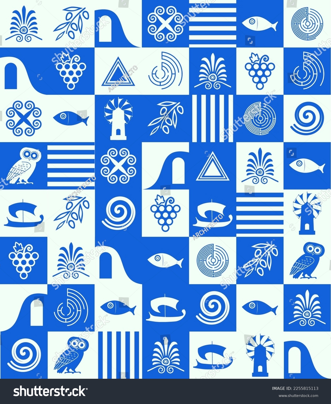 Greek pattern with square tiles set of traditional symbols of Greece ...