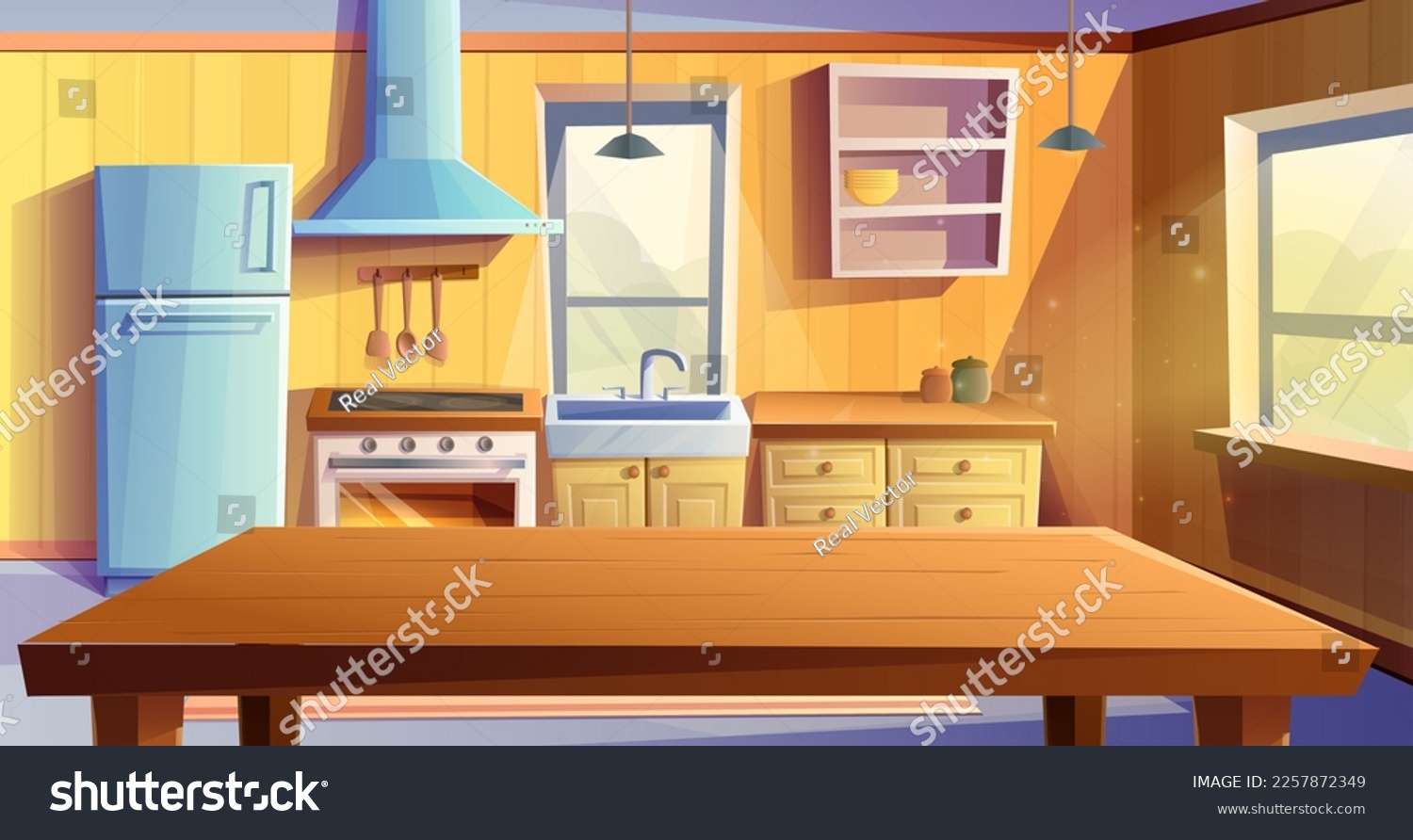 Vector cartoon style illustration of kitchen room. Dining room with ...
