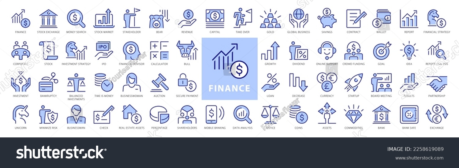 Set of 60 Finance Thin Line Icons. Big Blue and White icons pack. Money ...