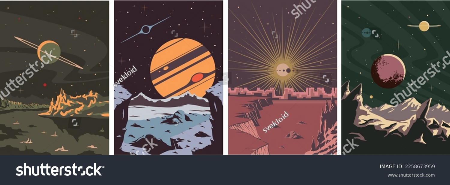 Retro Style Space Landscape Astronomy Fantastic Design Illustrations ...