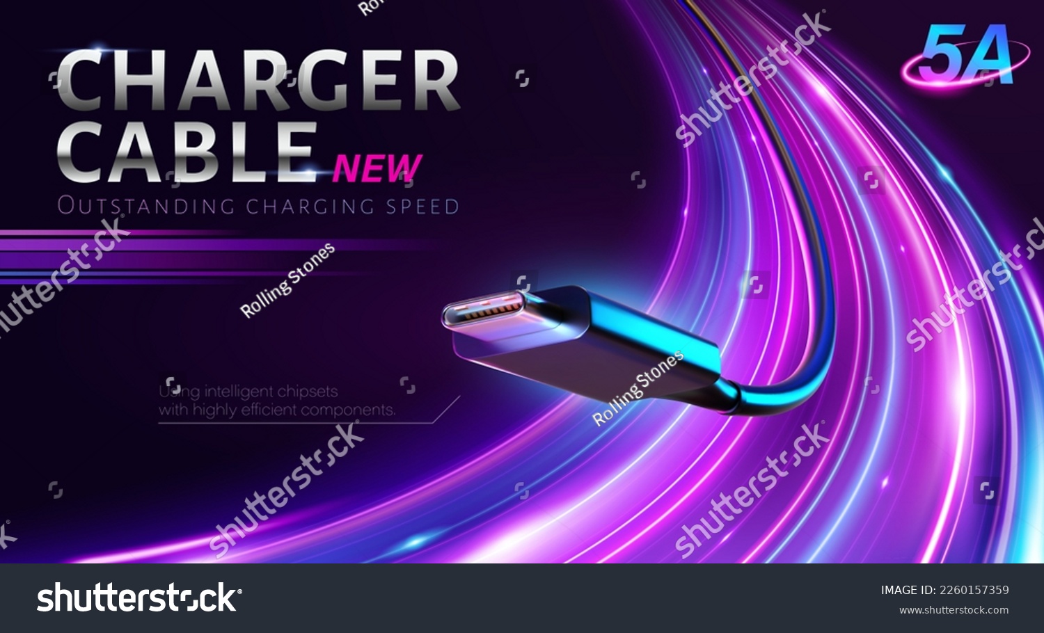 3D charger cable ad template. 3D realistic charging wire with type C ...
