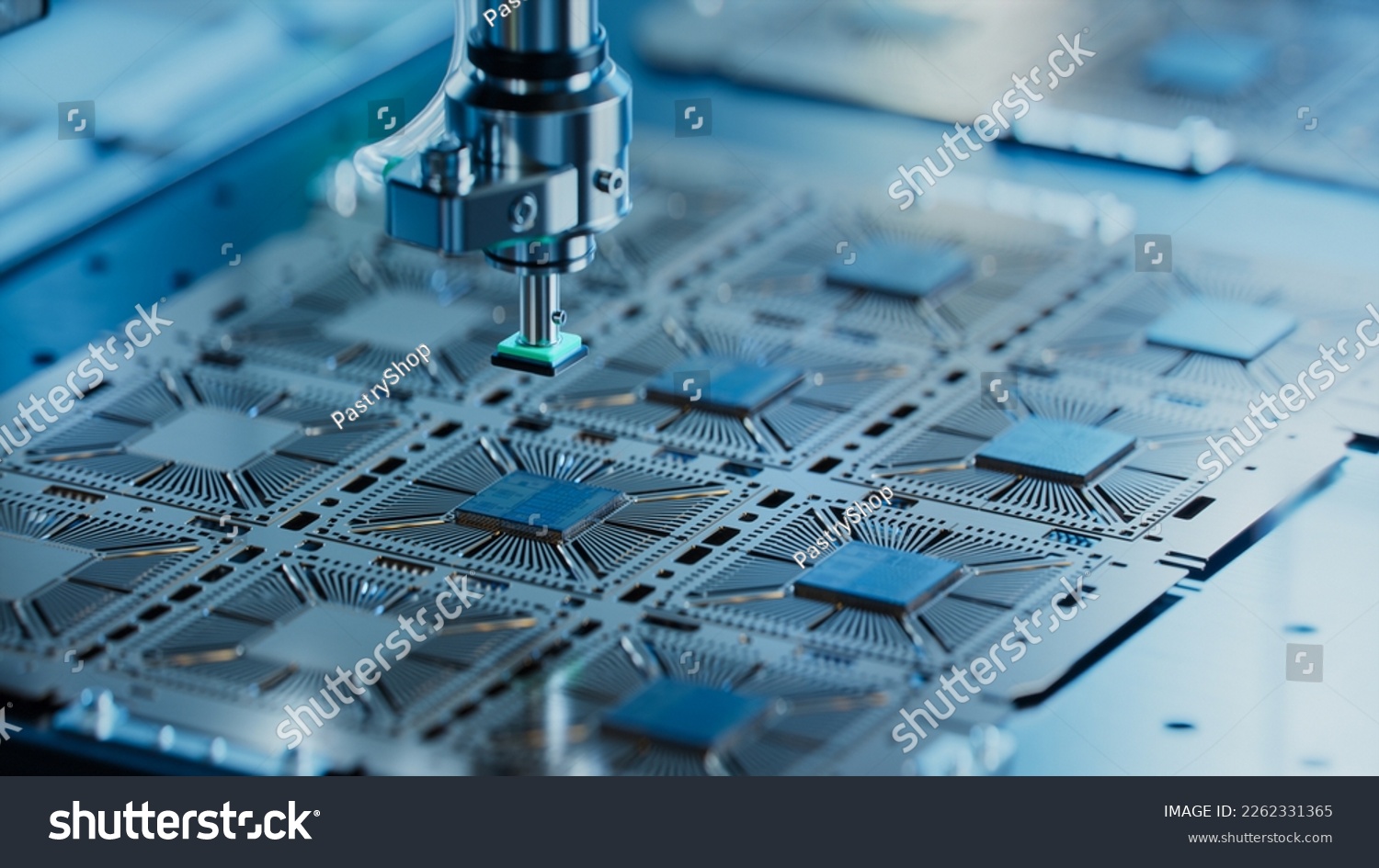 Close-up of Silicon Die are being Extracted from Semiconductor Wafer and Attached to Substrate ...
