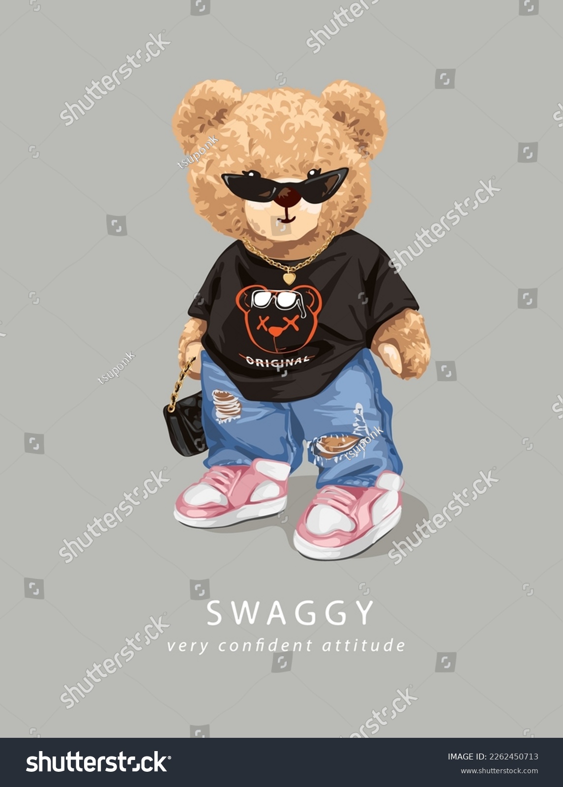 swaggy slogan with bear doll in street fashiion oversized tee vector ...