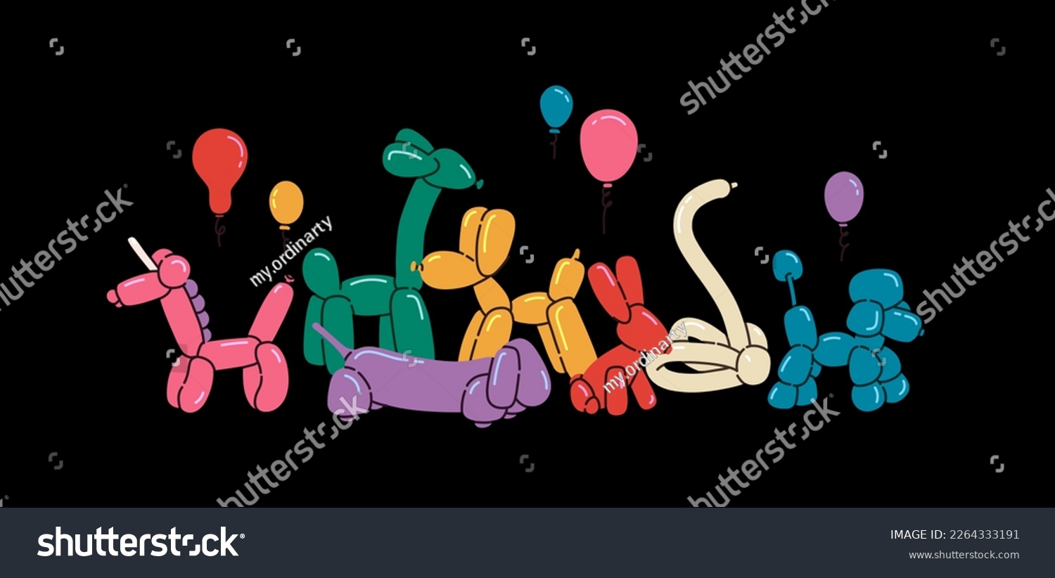 Various balloon animals collection. Festive set of inflatable unicorn ...