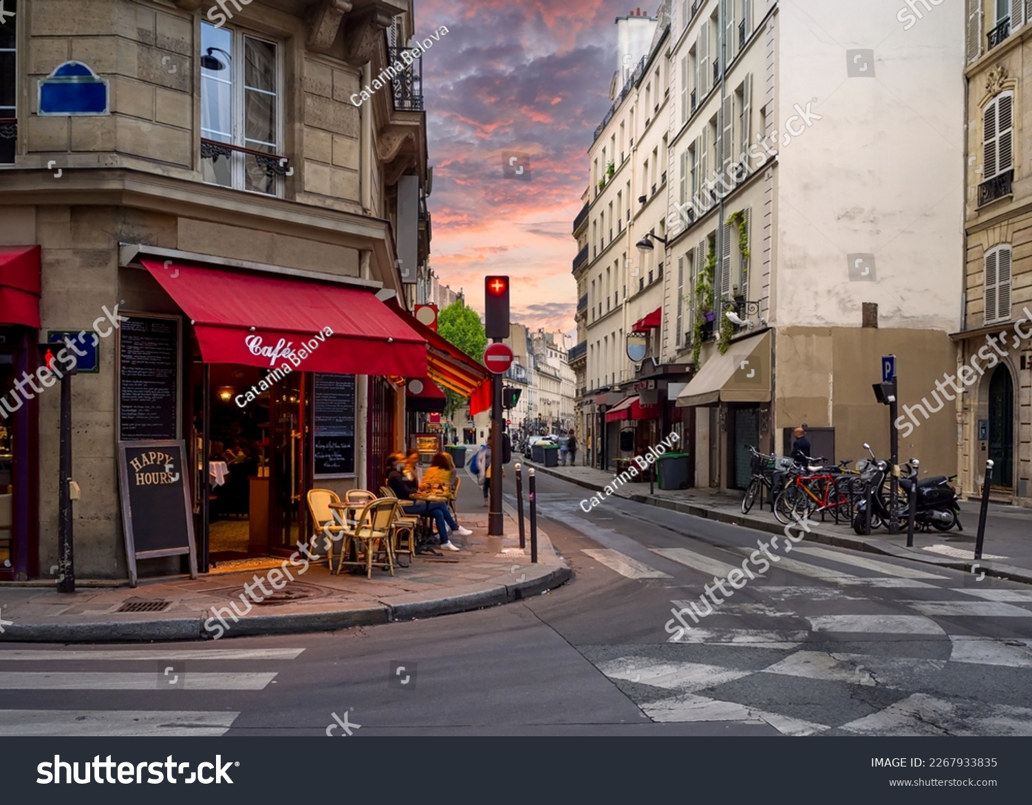 Cozy street with tables of cafe in Paris France. Architecture and ...