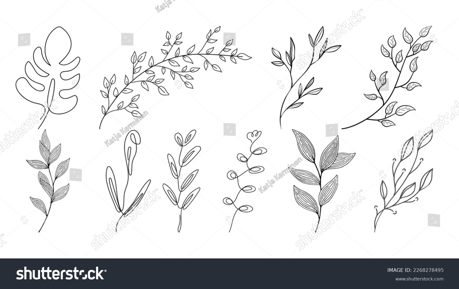 Fine line vector drawing of leaves. Linework art. Set of different ...