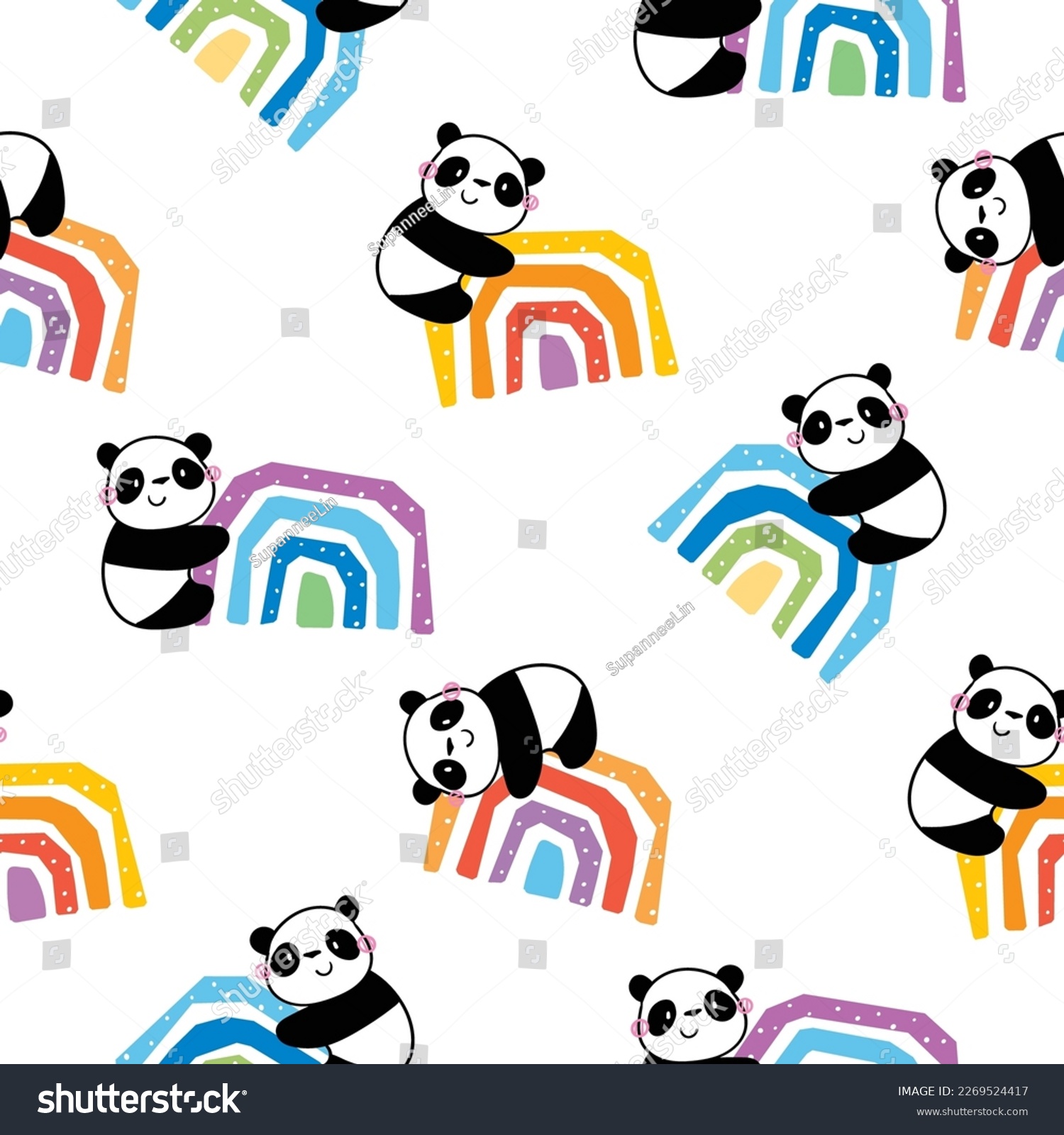 Seamless Pattern of Cartoon Panda and Rainbow Design on White ...
